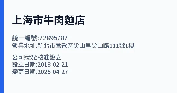 上海市牛肉麵店的照片-統編 72895787(新北市) 公司登記資料與營業項目詳細圖表