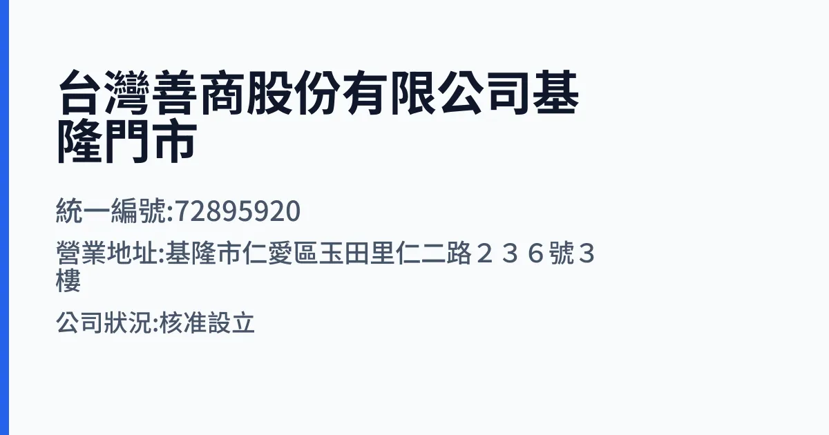 台灣善商股份有限公司基隆門市 - 統編 72895920(基隆市) 公司登記資料與營業項目詳細圖表