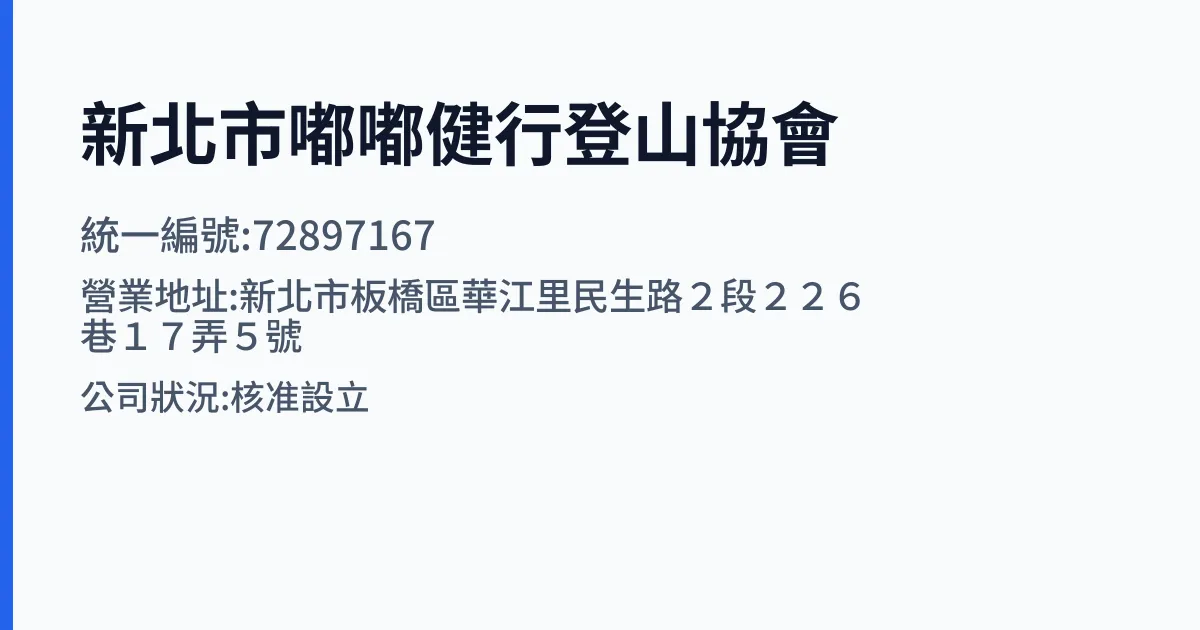 新北市嘟嘟健行登山協會 - 統編 72897167(新北市) 公司登記資料與營業項目詳細圖表