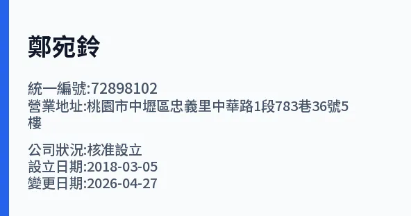 鄭宛鈴的照片-統編 72898102(桃園市) 公司登記資料與營業項目詳細圖表