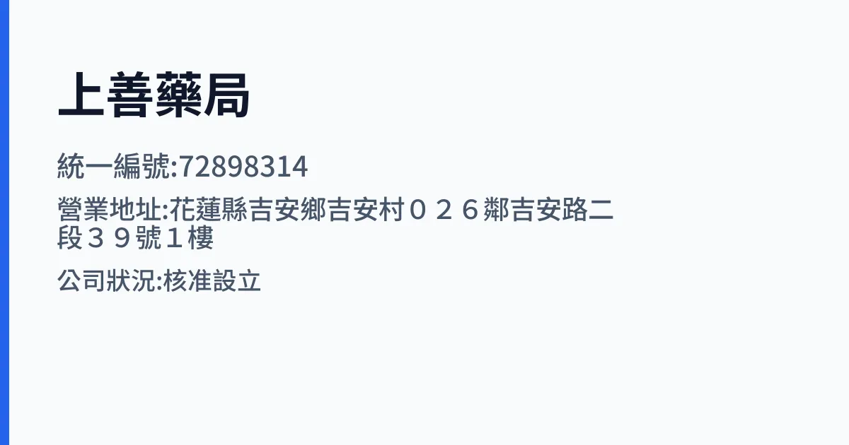 上善藥局 - 統編 72898314(花蓮縣) 公司登記資料與營業項目詳細圖表
