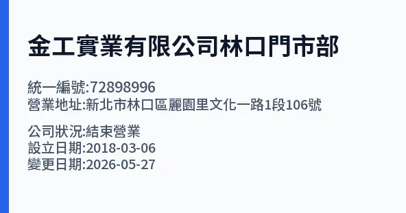 金工實業有限公司林口門市部的照片-統編 72898996(新北市) 公司登記資料與營業項目詳細圖表