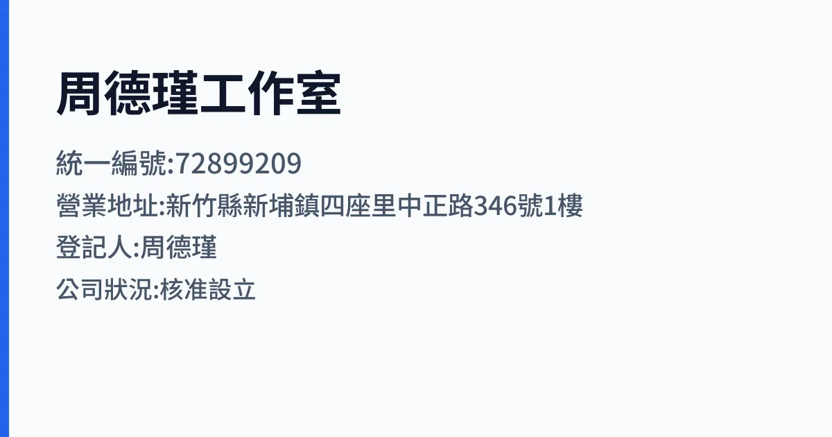 周德瑾工作室 - 統編 72899209(新竹縣) 公司登記資料與營業項目詳細圖表