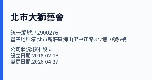 北市大獅藝會的照片-統編 72900276(新北市) 公司登記資料與營業項目詳細圖表
