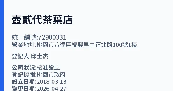 壺貳代茶葉店的照片-統編 72900331(桃園市) 公司登記資料與營業項目詳細圖表