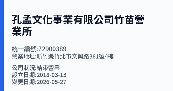 孔孟文化事業有限公司竹苗營業所的照片-統編 72900389(新竹縣) 公司登記資料與營業項目詳細圖表