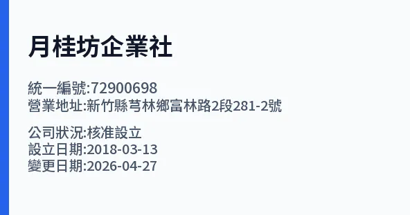 月桂坊企業社的照片-統編 72900698(新竹縣) 公司登記資料與營業項目詳細圖表
