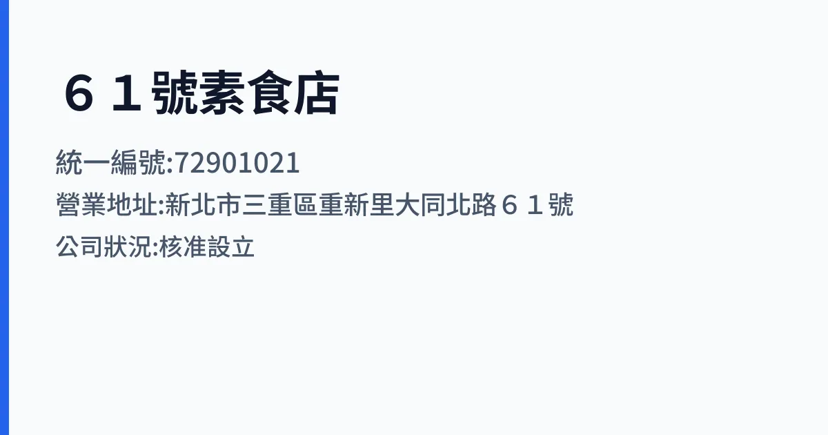 ６１號素食店 - 統編 72901021(新北市) 公司登記資料與營業項目詳細圖表