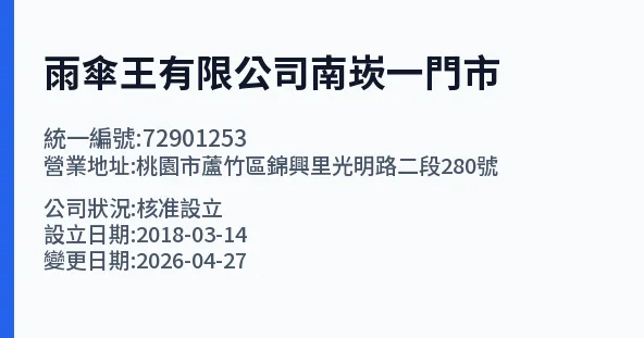 雨傘王有限公司南崁一門市的照片-統編 72901253(桃園市) 公司登記資料與營業項目詳細圖表