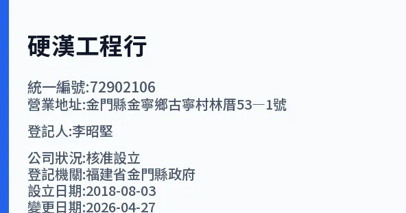 硬漢工程行的照片-統編 72902106(金門縣) 公司登記資料與營業項目詳細圖表