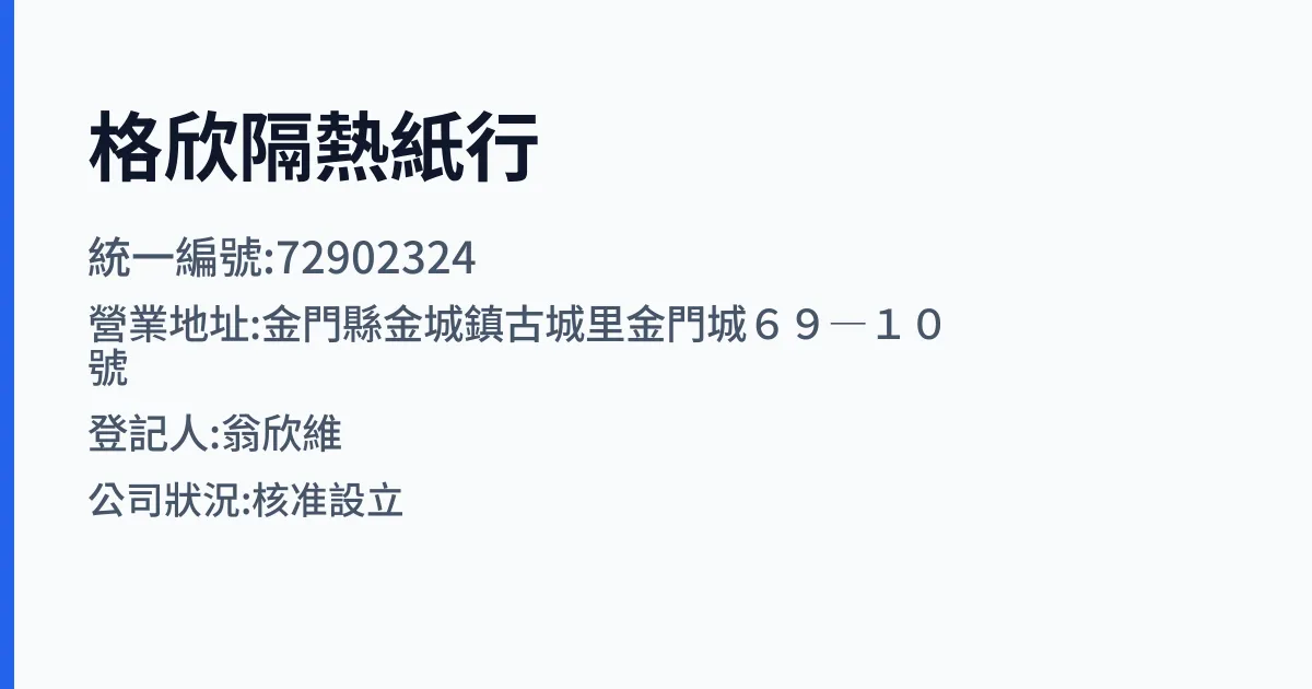 格欣隔熱紙行 - 統編 72902324(金門縣) 公司登記資料與營業項目詳細圖表