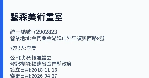藝森美術畫室的照片-統編 72902823(金門縣) 公司登記資料與營業項目詳細圖表