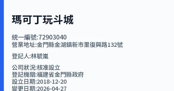 瑪可丁玩斗城的照片-統編 72903040(金門縣) 公司登記資料與營業項目詳細圖表