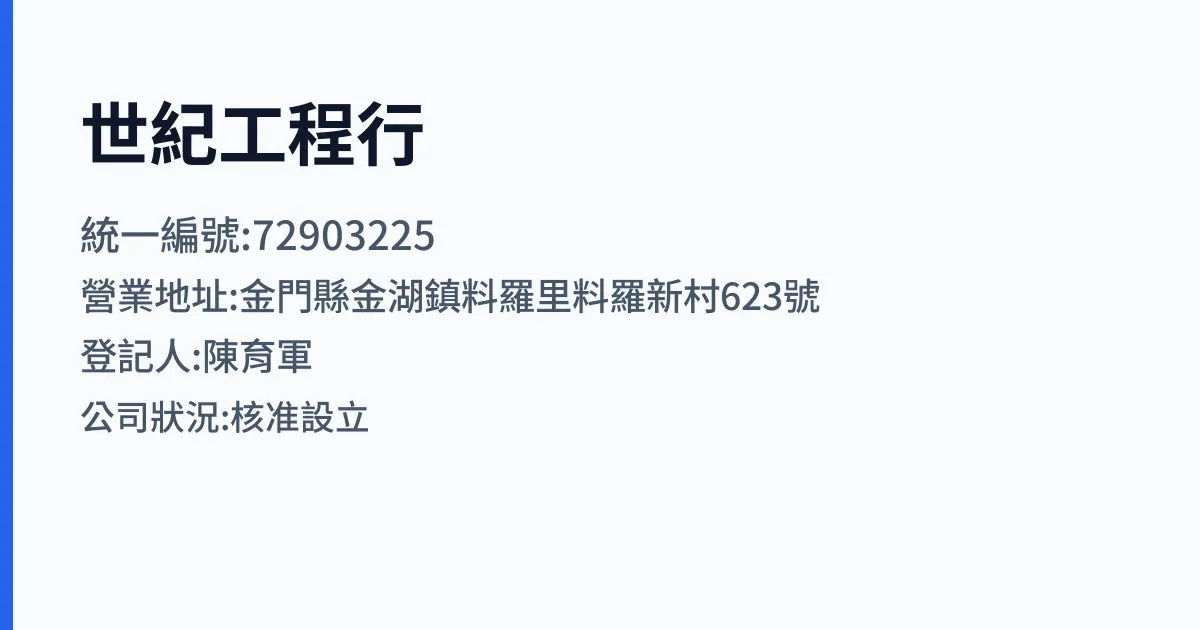 世紀工程行 - 統編 72903225(金門縣) 公司登記資料與營業項目詳細圖表