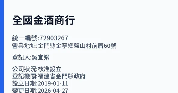 全國金酒商行的照片-統編 72903267(金門縣) 公司登記資料與營業項目詳細圖表
