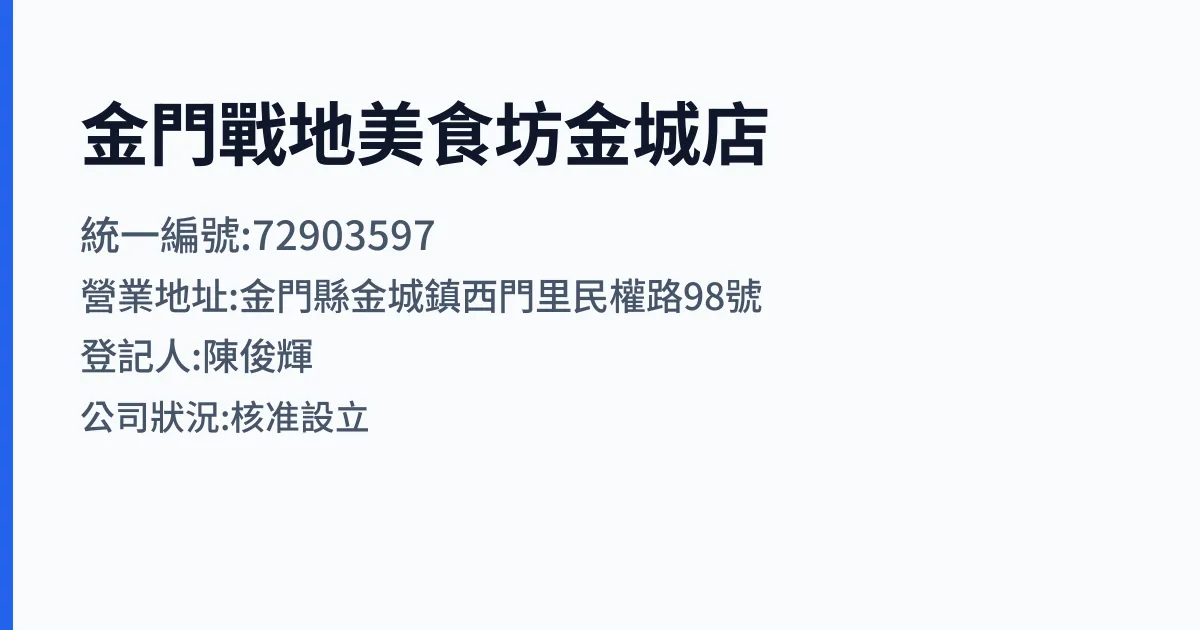 金門戰地美食坊金城店 - 統編 72903597(金門縣) 公司登記資料與營業項目詳細圖表