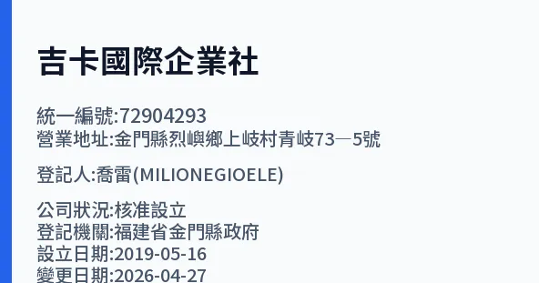 吉卡國際企業社的照片-統編 72904293(金門縣) 公司登記資料與營業項目詳細圖表