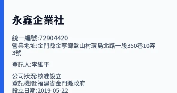 永鑫企業社的照片-統編 72904420(金門縣) 公司登記資料與營業項目詳細圖表