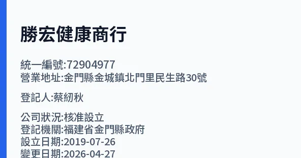 勝宏健康商行的照片-統編 72904977(金門縣) 公司登記資料與營業項目詳細圖表