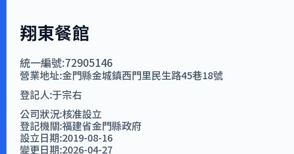 翔東餐館的照片-統編 72905146(金門縣) 公司登記資料與營業項目詳細圖表