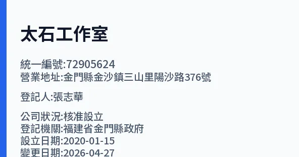 太石工作室的照片-統編 72905624(金門縣) 公司登記資料與營業項目詳細圖表