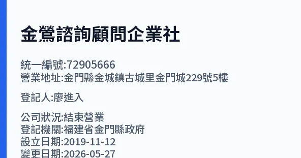 金鶯諮詢顧問企業社的照片-統編 72905666(金門縣) 公司登記資料與營業項目詳細圖表