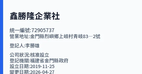 鑫勝隆企業社的照片-統編 72905737(金門縣) 公司登記資料與營業項目詳細圖表