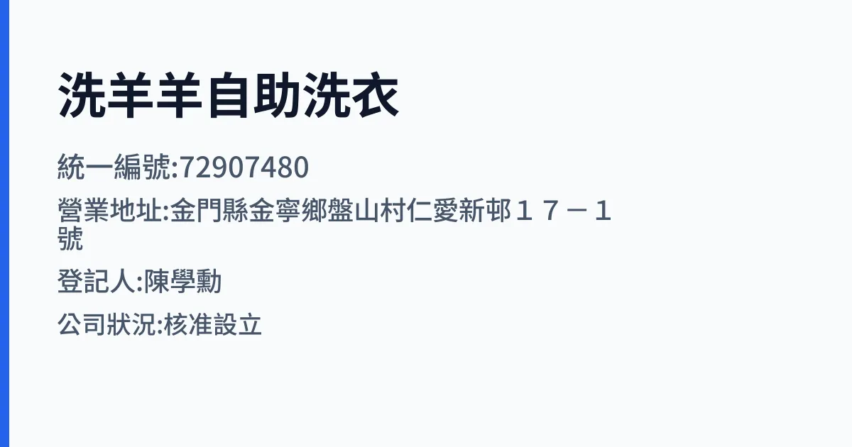 洗羊羊自助洗衣 - 統編 72907480(金門縣) 公司登記資料與營業項目詳細圖表