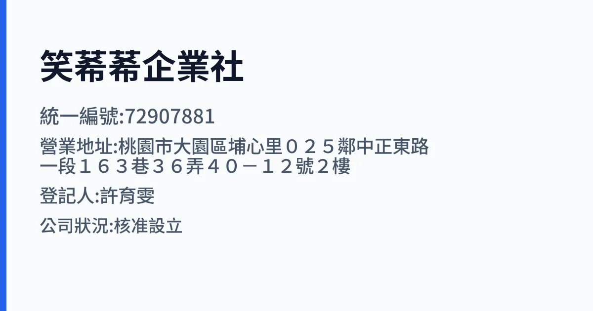 笑莃莃企業社 - 統編 72907881(桃園市) 公司登記資料與營業項目詳細圖表
