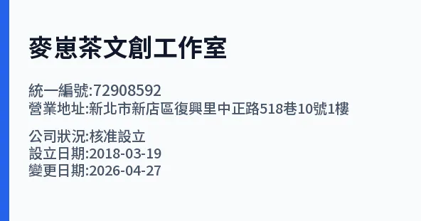 麥崽茶文創工作室的照片-統編 72908592(新北市) 公司登記資料與營業項目詳細圖表