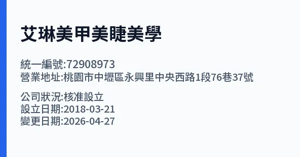 艾琳美甲美睫美學的照片-統編 72908973(桃園市) 公司登記資料與營業項目詳細圖表