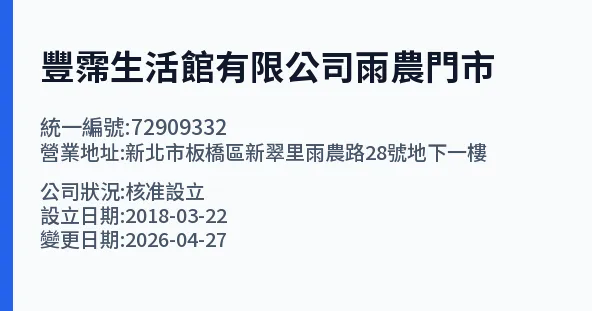 豐霈生活館有限公司雨農門市的照片-統編 72909332(新北市) 公司登記資料與營業項目詳細圖表