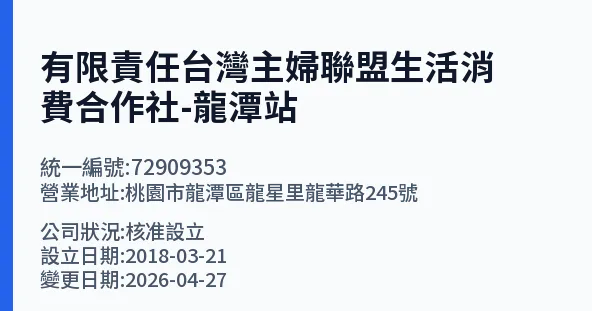 有限責任台灣主婦聯盟生活消費合作社-龍潭站的照片-統編 72909353(桃園市) 公司登記資料與營業項目詳細圖表