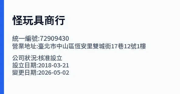 怪玩具商行的照片-統編 72909430(臺北市) 公司登記資料與營業項目詳細圖表