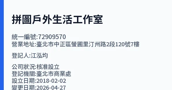 拼圖戶外生活工作室的照片-統編 72909570(臺北市) 公司登記資料與營業項目詳細圖表