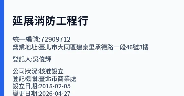 延展消防工程行的照片-統編 72909712(臺北市) 公司登記資料與營業項目詳細圖表