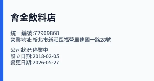 會金飲料店的照片-統編 72909868(新北市) 公司登記資料與營業項目詳細圖表