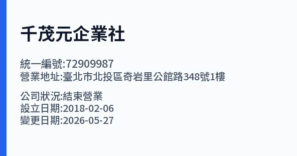 千茂元企業社的照片-統編 72909987(臺北市) 公司登記資料與營業項目詳細圖表