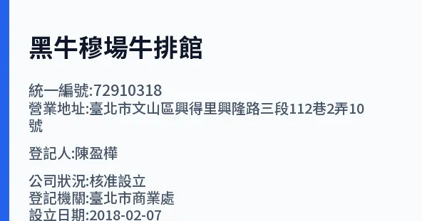 黑牛穆場牛排館的照片-統編 72910318(臺北市) 公司登記資料與營業項目詳細圖表