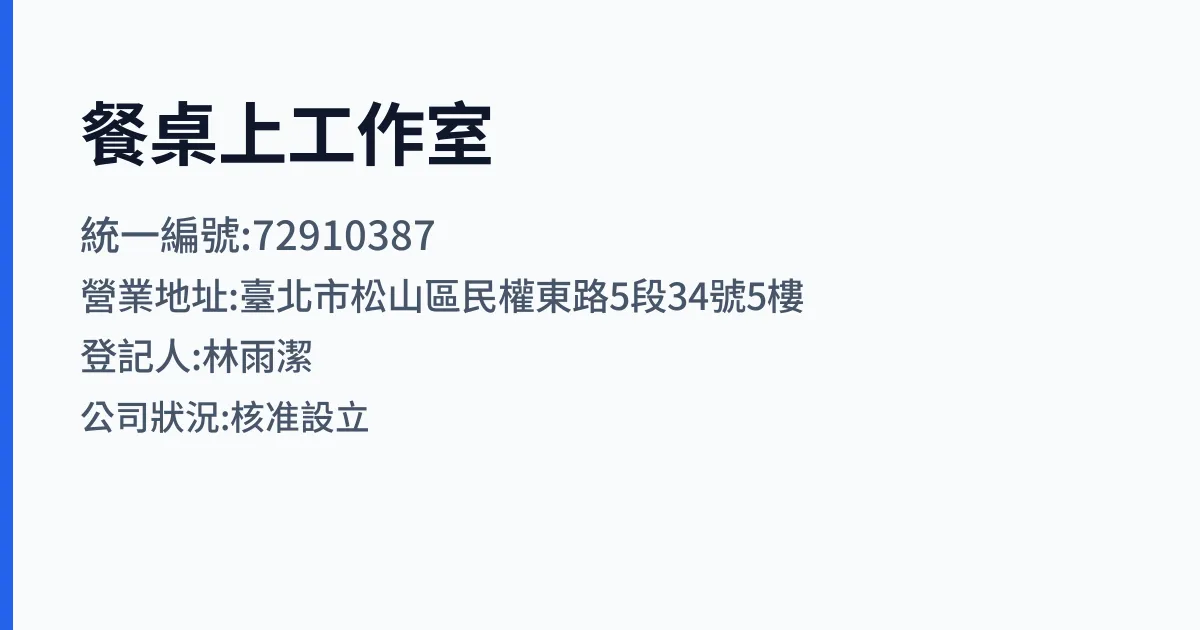 餐桌上工作室 - 統編 72910387(臺北市) 公司登記資料與營業項目詳細圖表