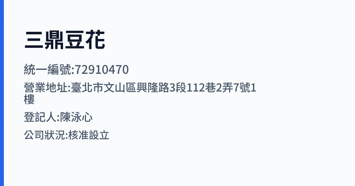 三鼎豆花 - 統編 72910470(臺北市) 公司登記資料與營業項目詳細圖表