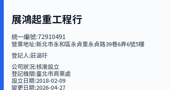 展鴻起重工程行的照片-統編 72910491(新北市) 公司登記資料與營業項目詳細圖表