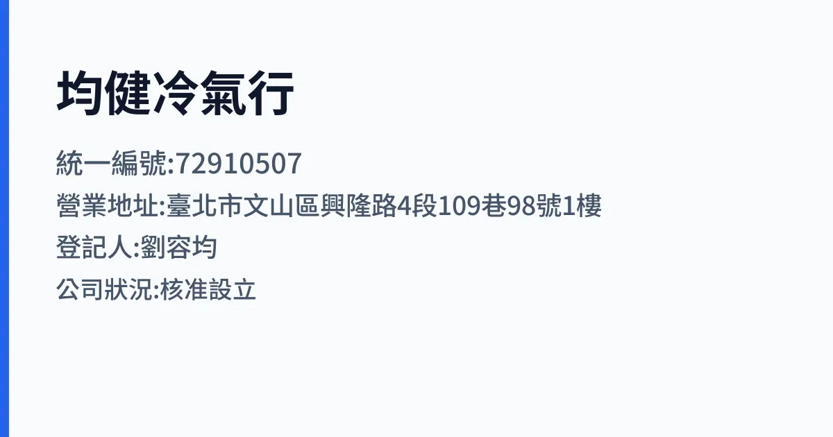 均健冷氣行 - 統編 72910507(臺北市) 公司登記資料與營業項目詳細圖表
