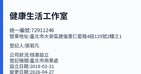 健康生活工作室的照片-統編 72911246(臺北市) 公司登記資料與營業項目詳細圖表