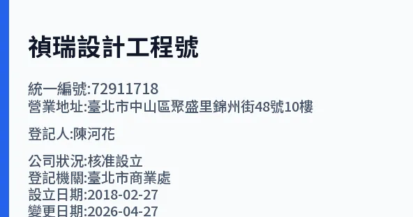 禎瑞設計工程號的照片-統編 72911718(臺北市) 公司登記資料與營業項目詳細圖表