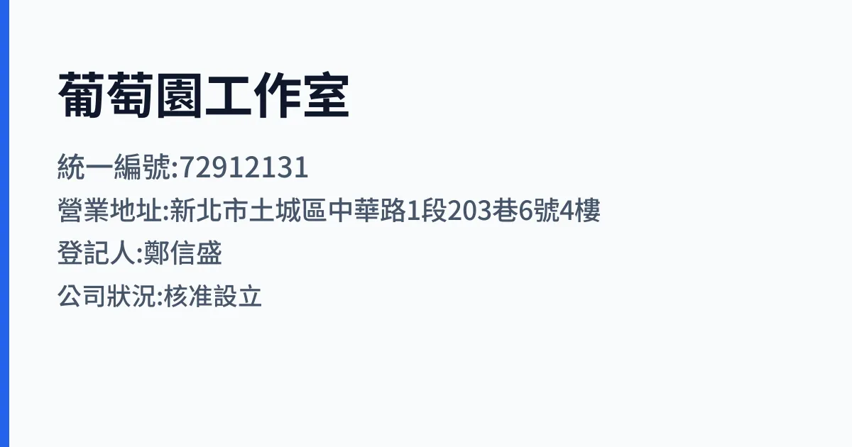 葡萄園工作室 - 統編 72912131(新北市) 公司登記資料與營業項目詳細圖表