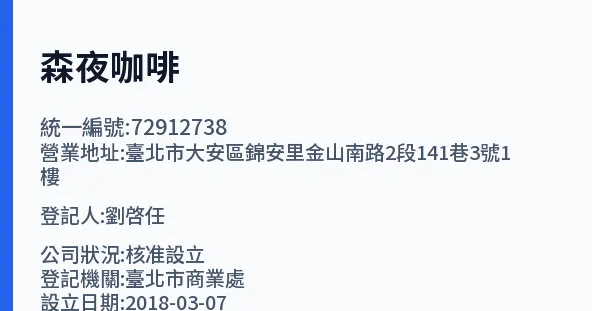 森夜咖啡的照片-統編 72912738(臺北市) 公司登記資料與營業項目詳細圖表