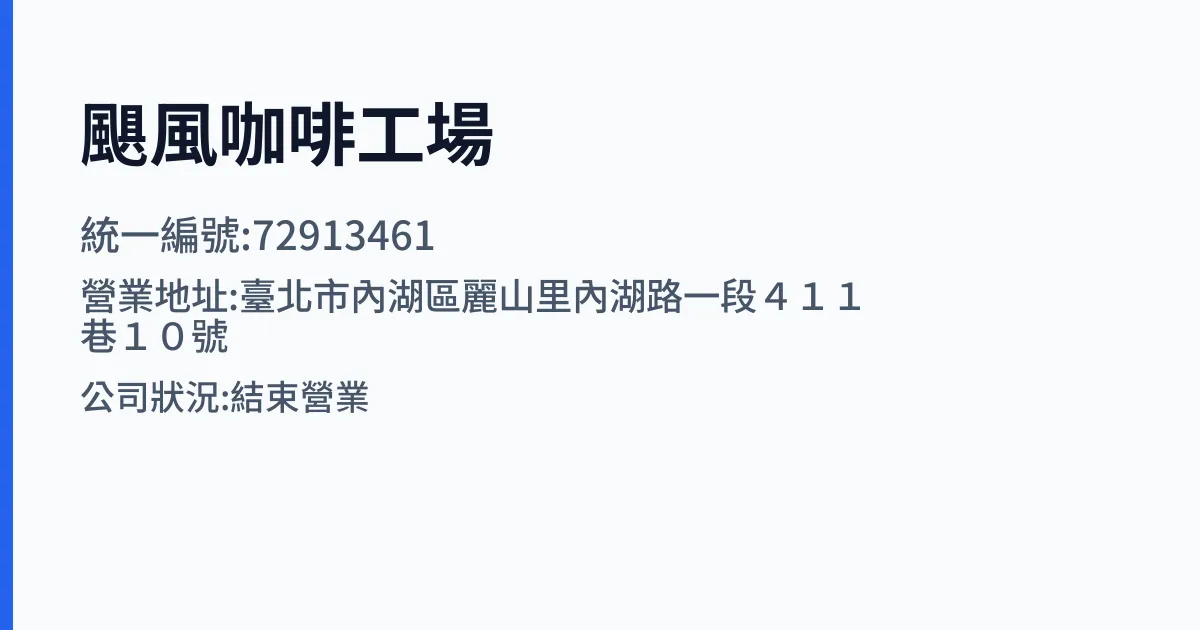 颶風咖啡工場 - 統編 72913461(臺北市) 公司登記資料與營業項目詳細圖表