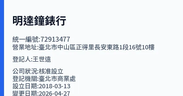 明達鐘錶行的照片-統編 72913477(臺北市) 公司登記資料與營業項目詳細圖表