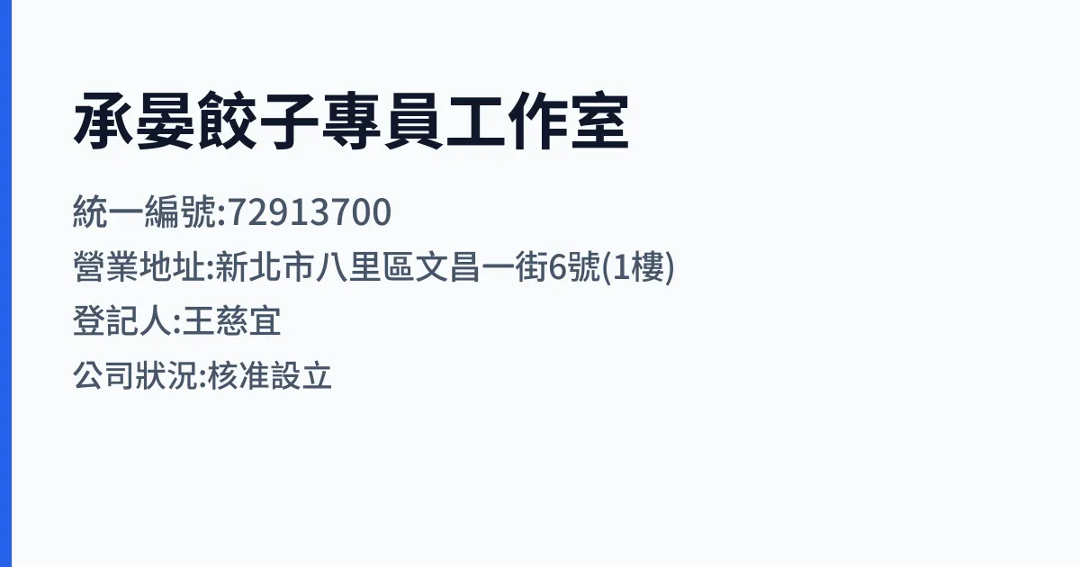 承晏餃子專員工作室 - 統編 72913700(新北市) 公司登記資料與營業項目詳細圖表